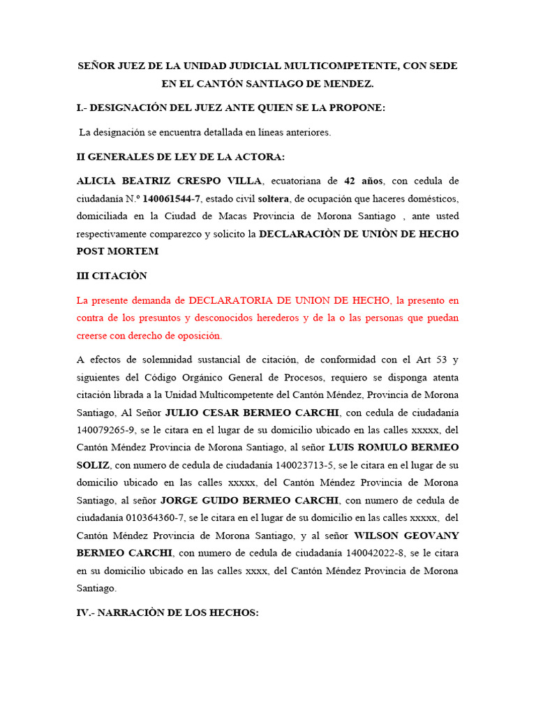Demanda de Union de Hecho Post Mortem | PDF