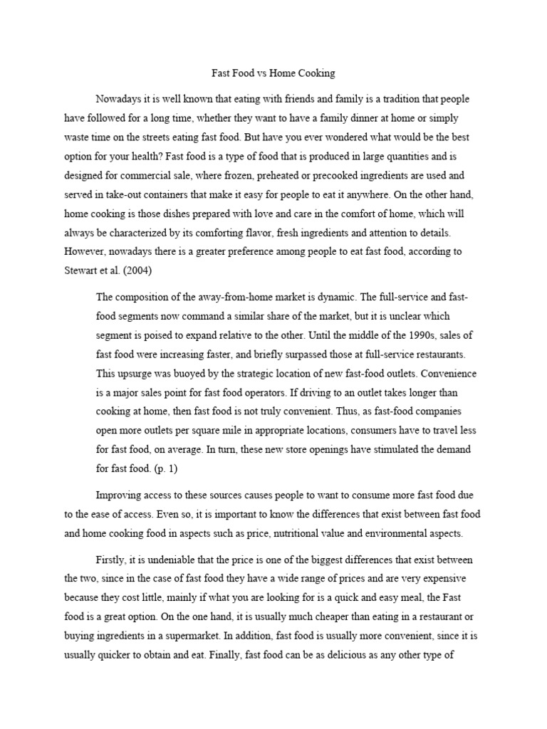 Fast Food Vs Home Cooking Essay | PDF | Fast Food | Dieting Fast Food Vs Home Cooking Essay | PDF | Fast Food | Dieting