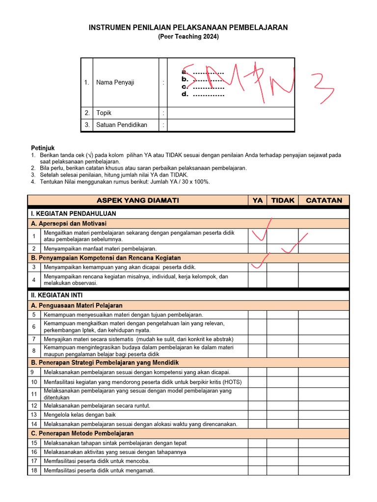 Rubrik Peer Teaching | PDF