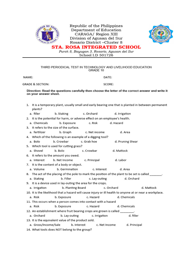 Tle 10 Exam Pdf Stock Food Sauce