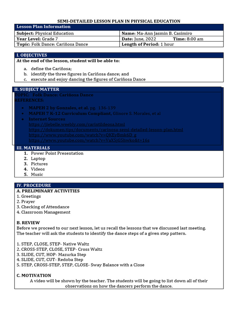 Grade 7 Cariñosa Dance Lesson Plan | PDF | Dances