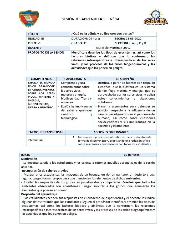 Sesion de Aprendizaje 14 | PDF | Ecosistema | Ecología