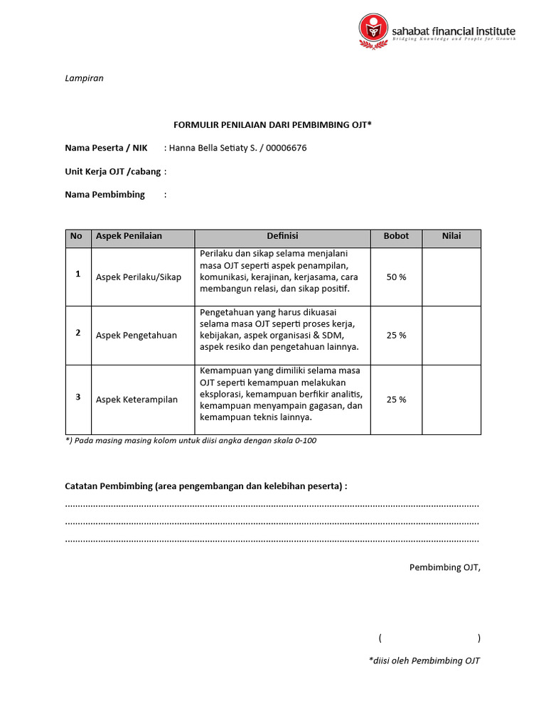 Form Penilaian dan Feedback OJT | PDF