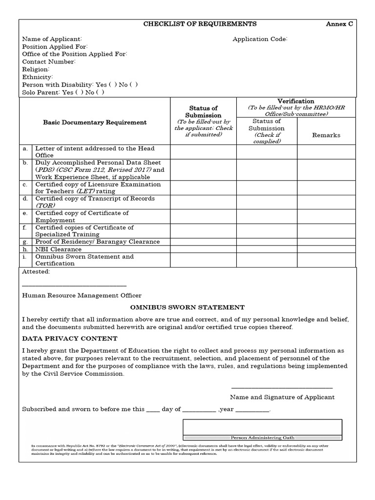 CHECKLIST OF REQUIREMENTS Annex C | PDF