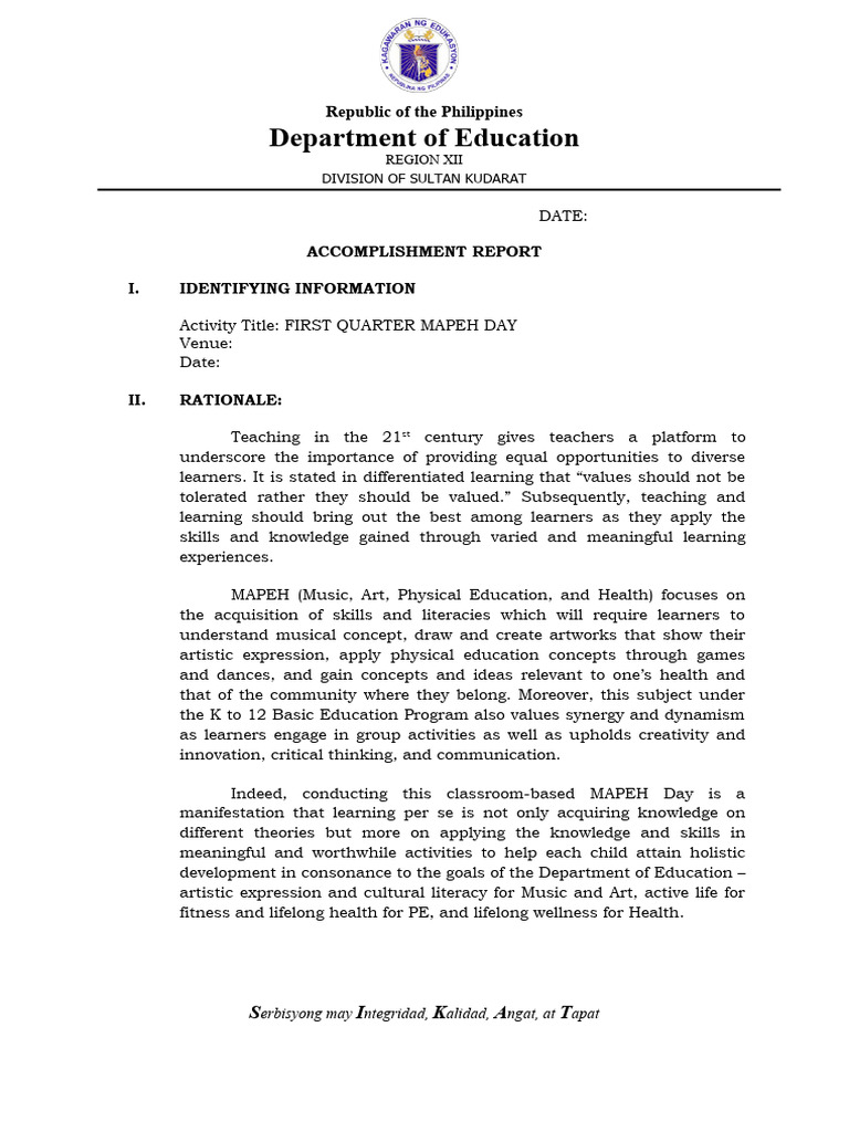 QUARTERLY MAPEH DAY Accomplishment Report | Download Free PDF ...