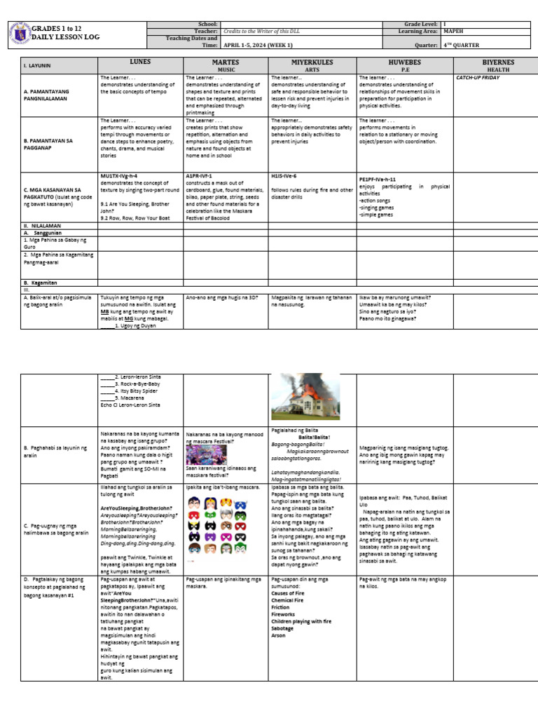 DLL - Mapeh 1 - Q4 - W1 | PDF | Learning