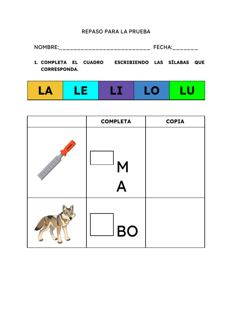 Repaso Prueba La Le Li Lo Lu | PDF