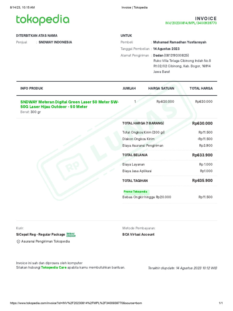 Invoice - Tokopedia Meteran Laser | PDF