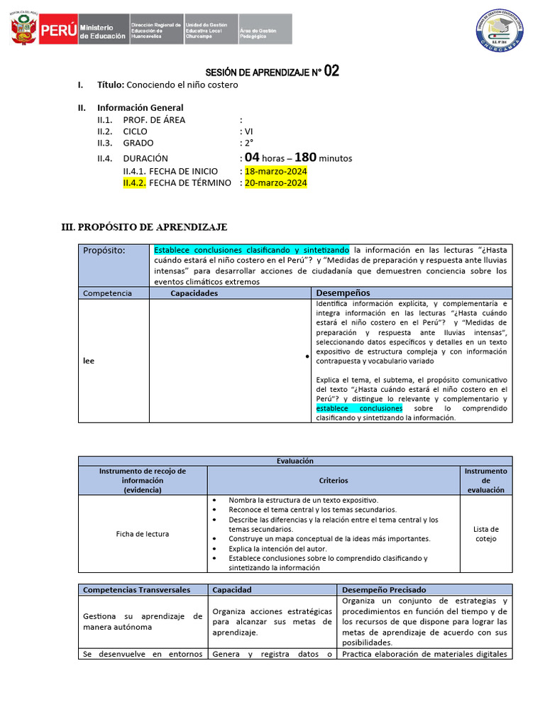 Sesión de Aprendizaje #02 | PDF | Aprendizaje | Evaluación