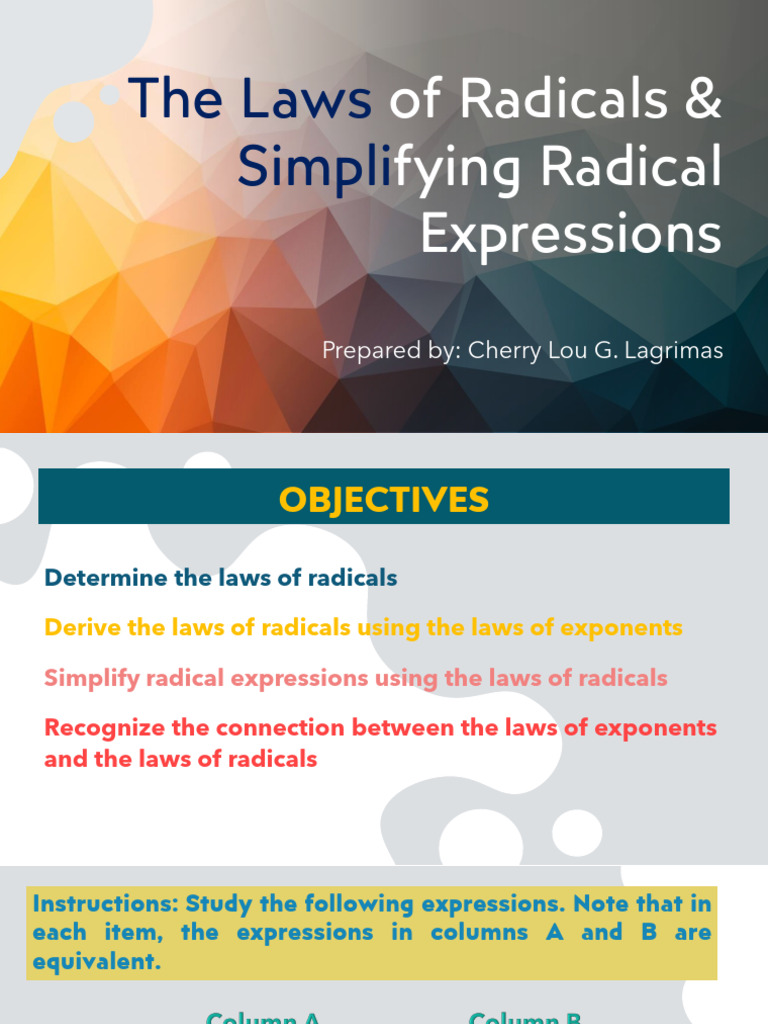 Q3 - The Laws On Radicals Simplifying Radical Expressions STUDENTS ...