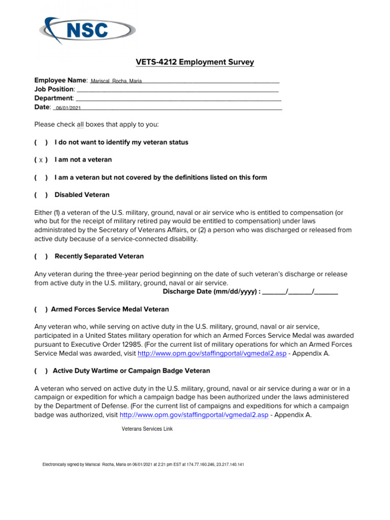VETS-4212 Employment Survey Form | PDF