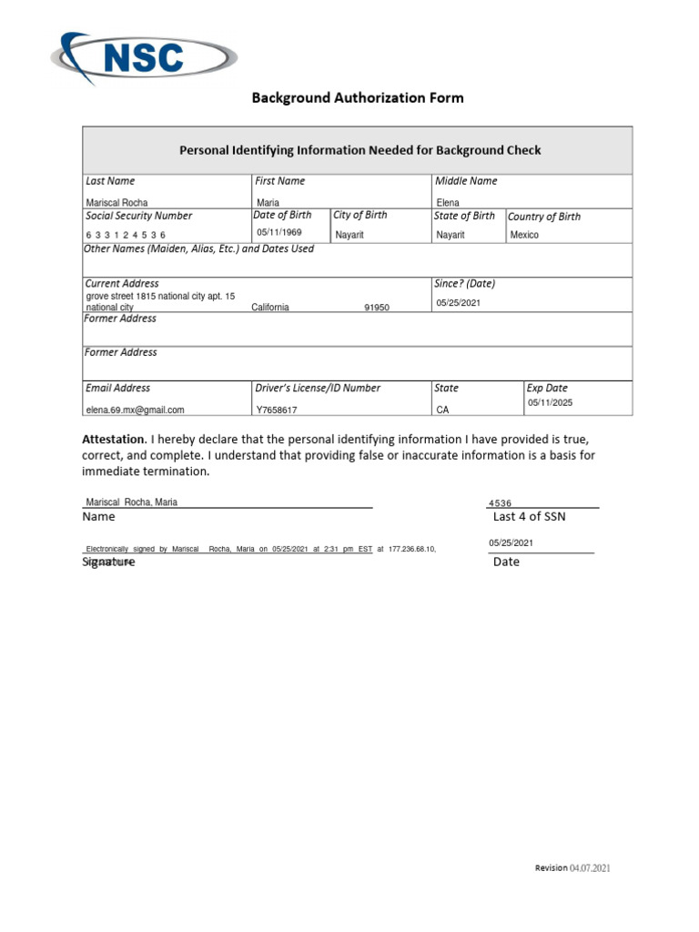 04 Background Check Form - Mariscal Rocha, Maria | PDF | Background ...