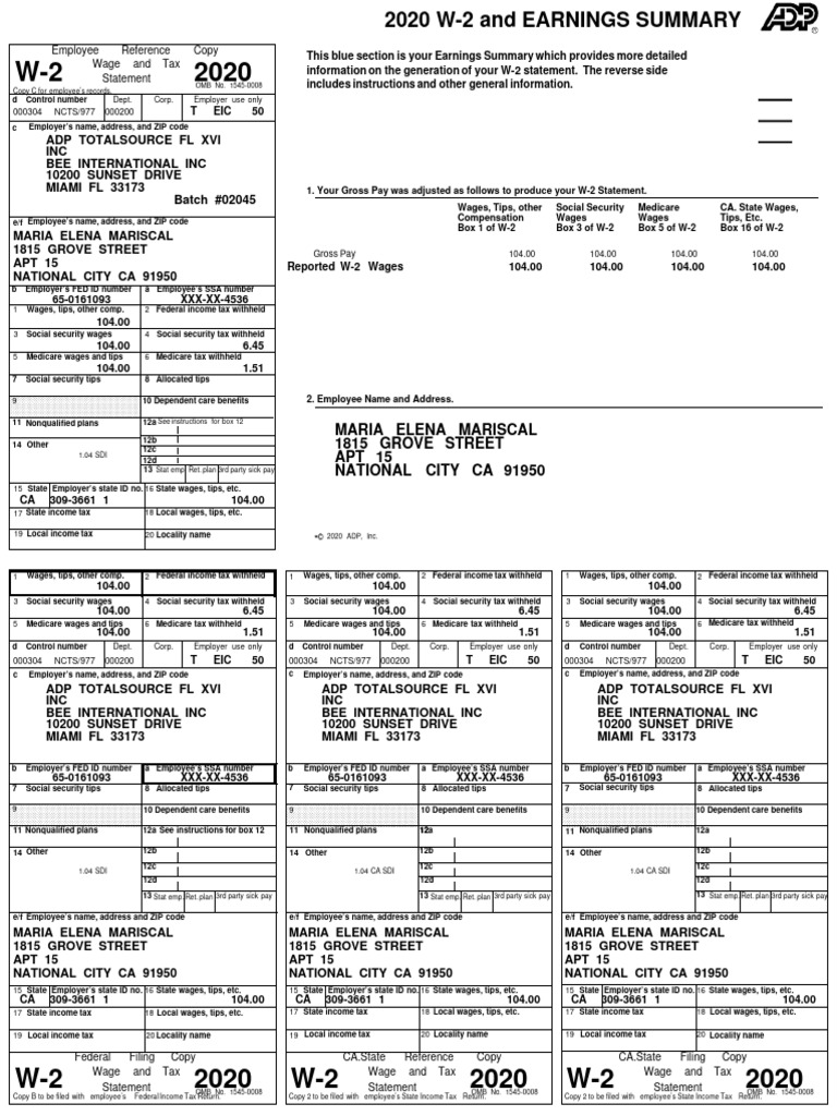 2020 W-2 Earnings Summary | PDF | Irs Tax Forms | 401(K)