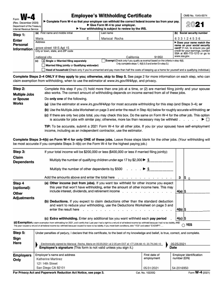 Employee Withholding Certificate Form W-4 | PDF | Social Security ...