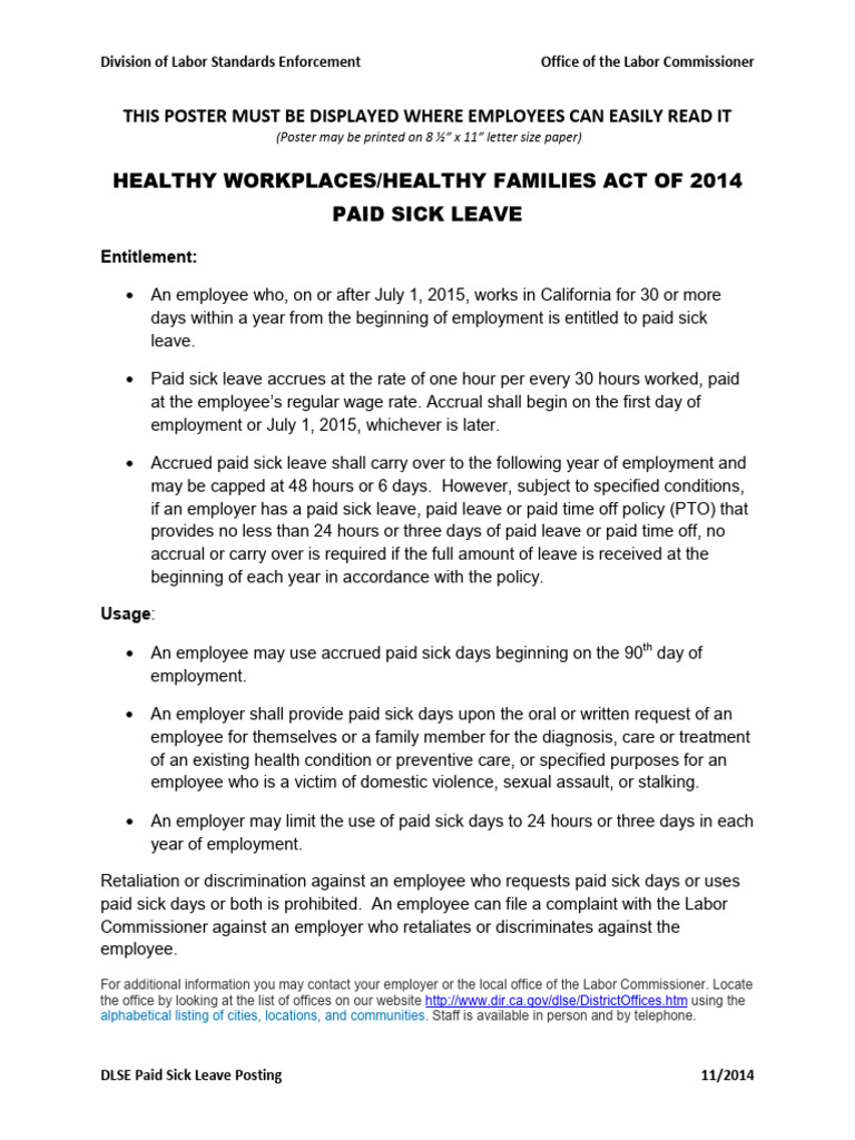 California Paid Sick Leave Guidelines | PDF | Sick Leave | Employment