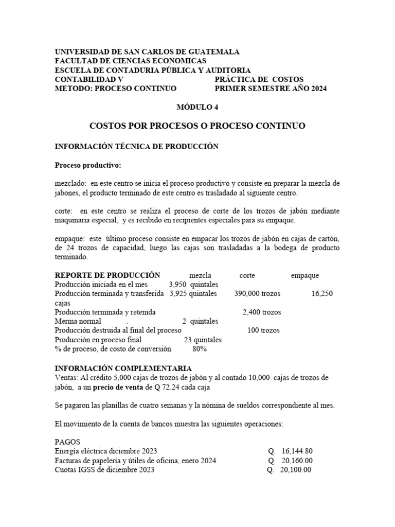 PC Práctica Jabones La Espumosa Costos Por Procesos o Proceso Continuo 2024 | PDF | Estado de ...