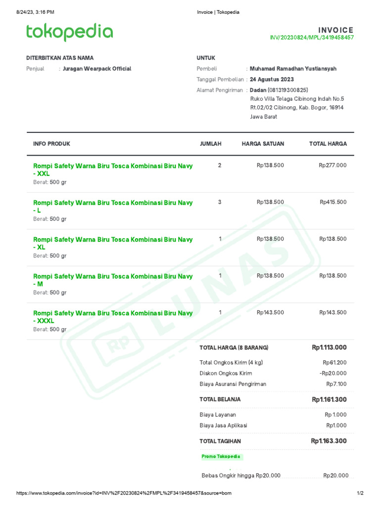 Invoice - Tokopedia Rompi Q3 | PDF