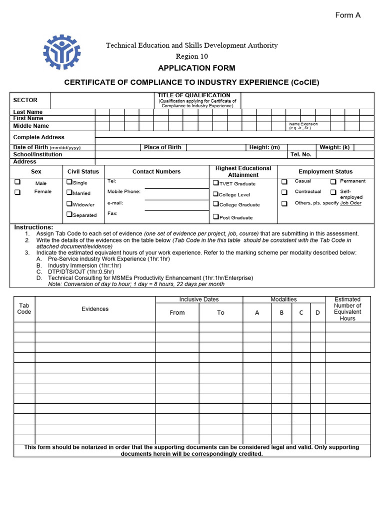 TESDA CoCIE Application Form | PDF