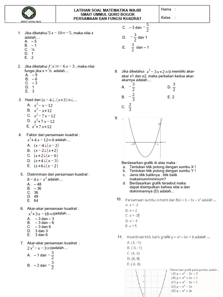 Latihan Soal Persamaan - Fungsi Kuadrat | PDF
