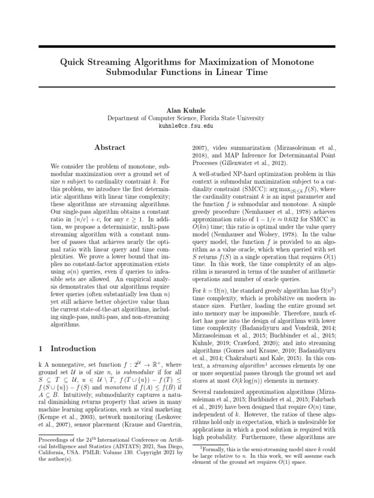 Quick Streaming Algorithms For Maximization of Monotone Submodular Functions in Linear Time ...