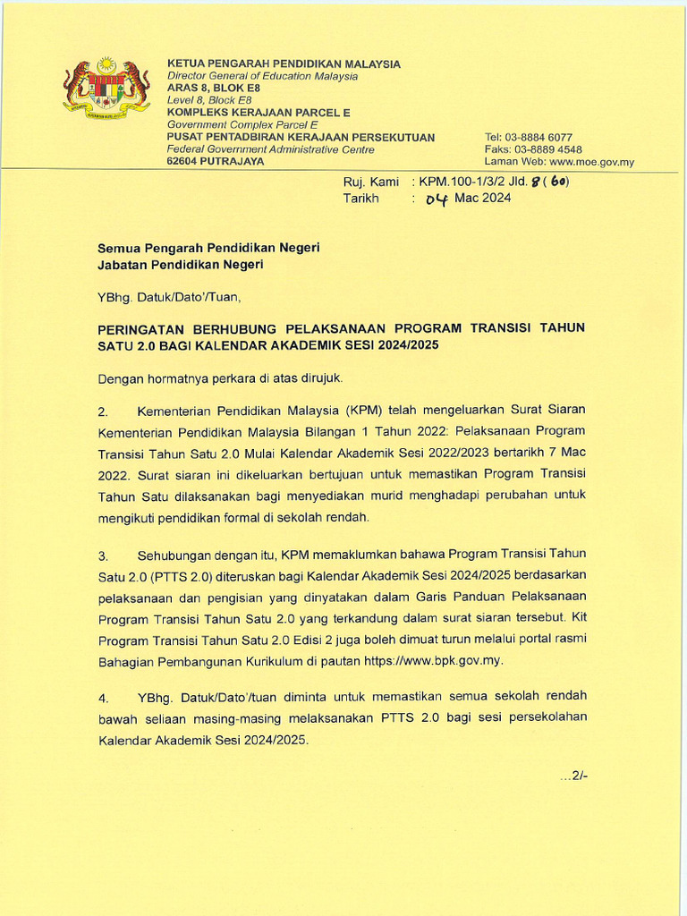 Surat Peringatan Berhubung Pelaksanaan Program Transisi Tahun Satu 2.0 ...