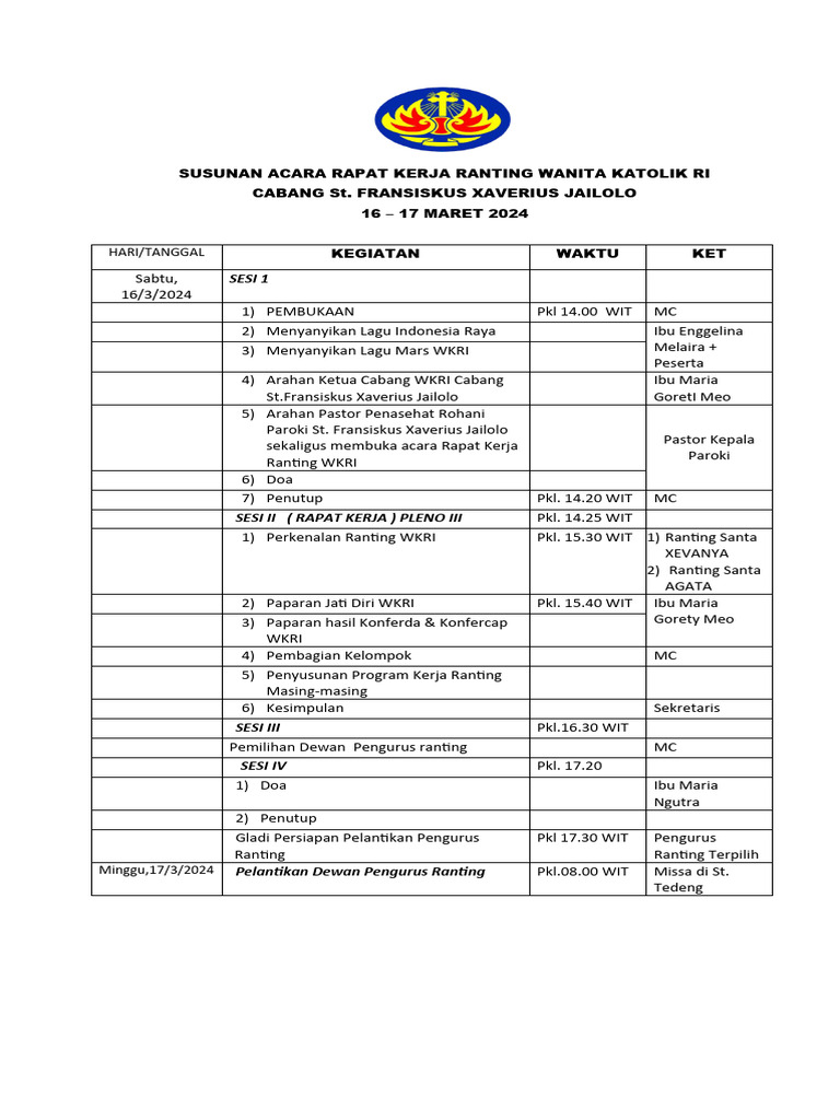 Susunan Acara Rapat Kerja Ranting Wanita Katolik Ri | PDF