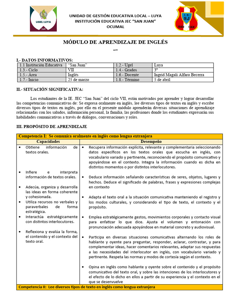 MODULO DE APRENDIZAJE (Tercer Grado) | PDF | Idioma en Inglés | Aprendizaje