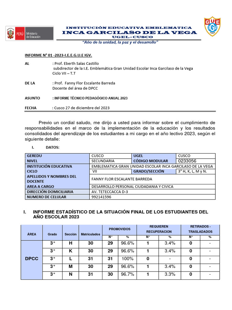 Informe de Finalizacion Del Año-Vii-2023 | PDF | Enseñando