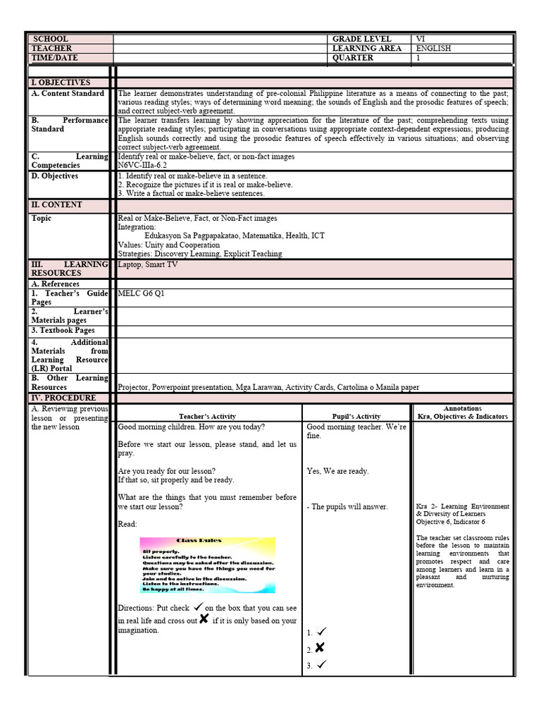 Grade 6 English: Real vs. Make-Believe | PDF | Learning | Image