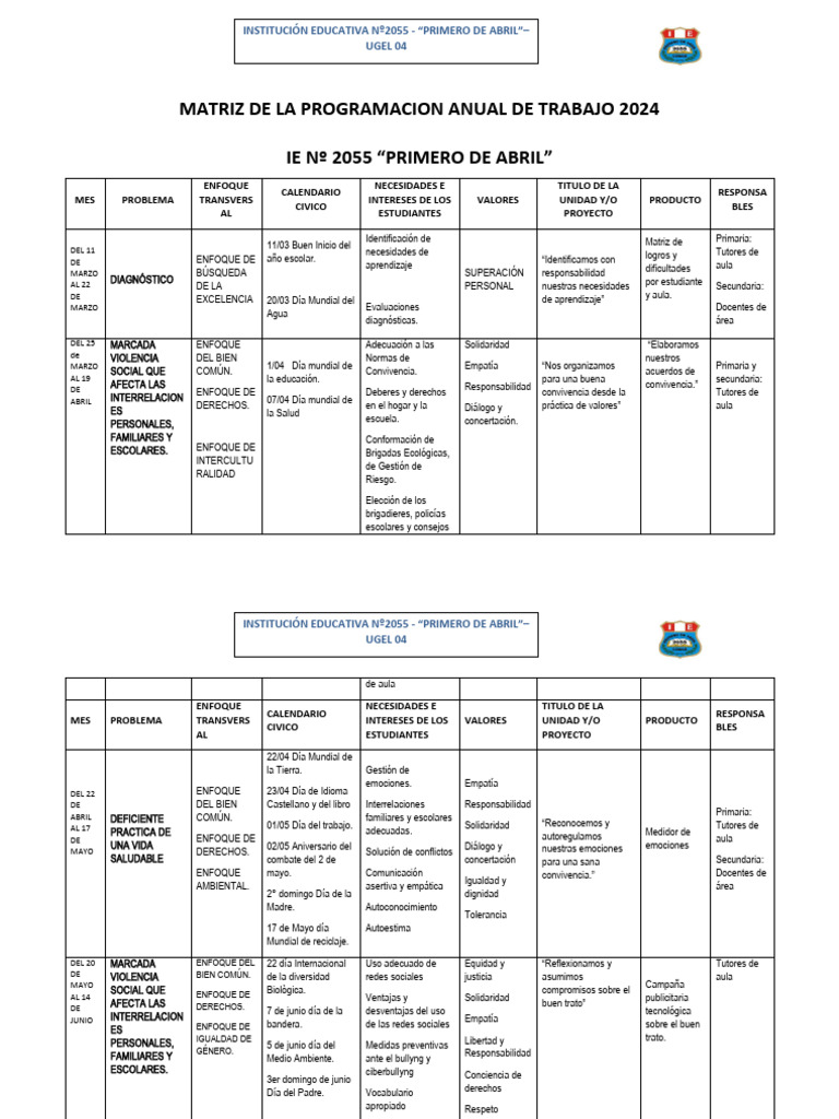 Matriz de La Programacion Anual 2024. | PDF