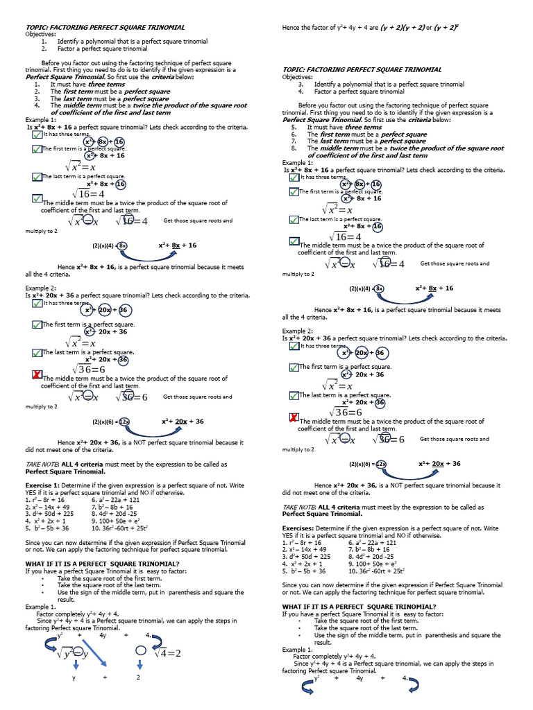 Hand Out - Factoring Perfect Square Trinomial | PDF | Factorization ...