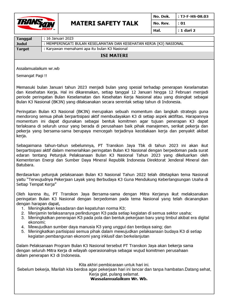 03 Materi Safety Talk - MEMPERINGATI BULAN K3 - 16 Januari 2023 | PDF