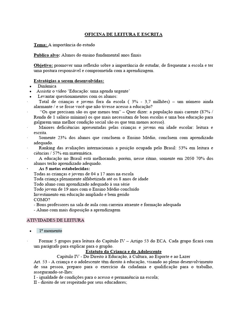 Oficina de Leitura e Escrita | PDF | Aprendizado | Escolas Oficina de Leitura e Escrita | PDF | Aprendizado | Escolas