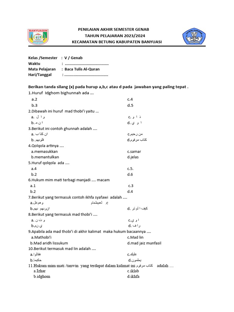 Soal Pas Bta Kls. 5 Smt. 2 Tp.2023-2024 | PDF