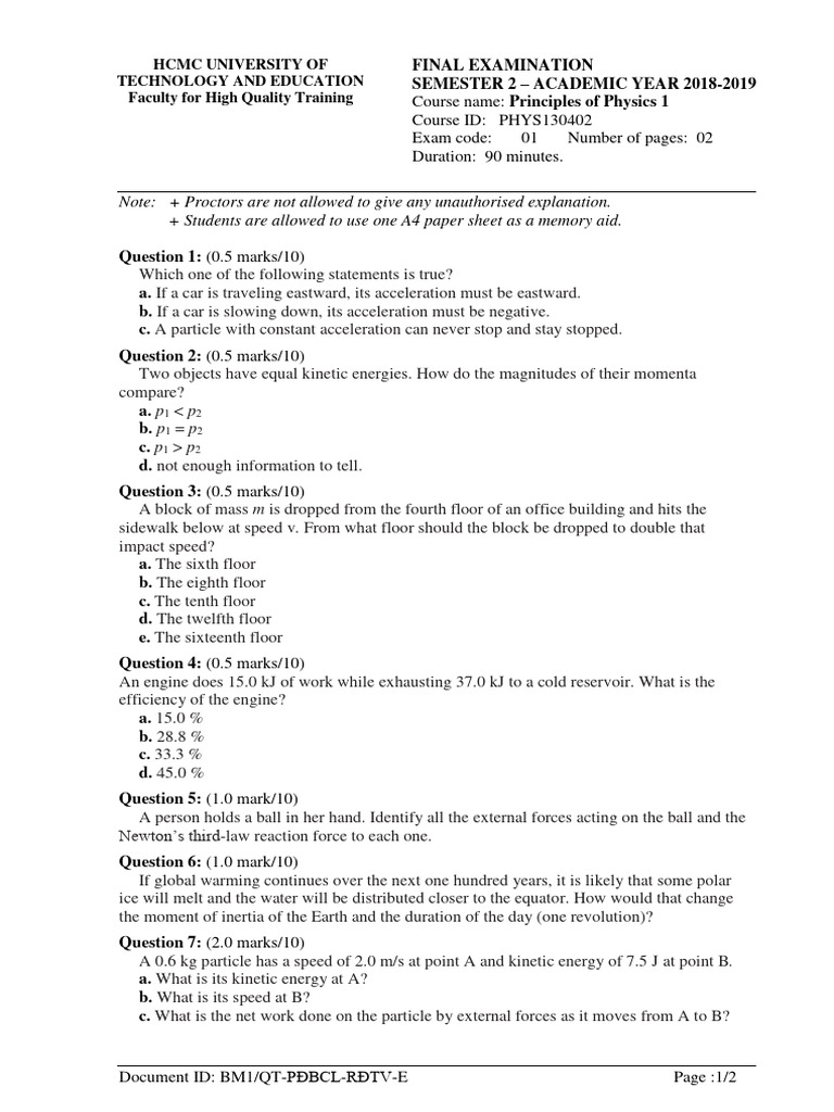 Principles of Physics 1 2 Semester 2018 2019 | PDF | Force | Mass