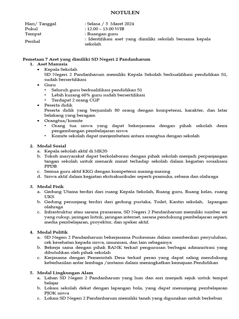 NOTULEN HASIL PEMETAAN ASET SEKOLAH - RINDANIATI, S.PD - SD - SDN 2 PANDANHARUM | PDF