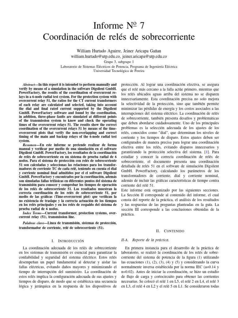 Informe No 7 Coordinaci N de Rel S de Sobrecorriente | PDF | Relé | Transformador