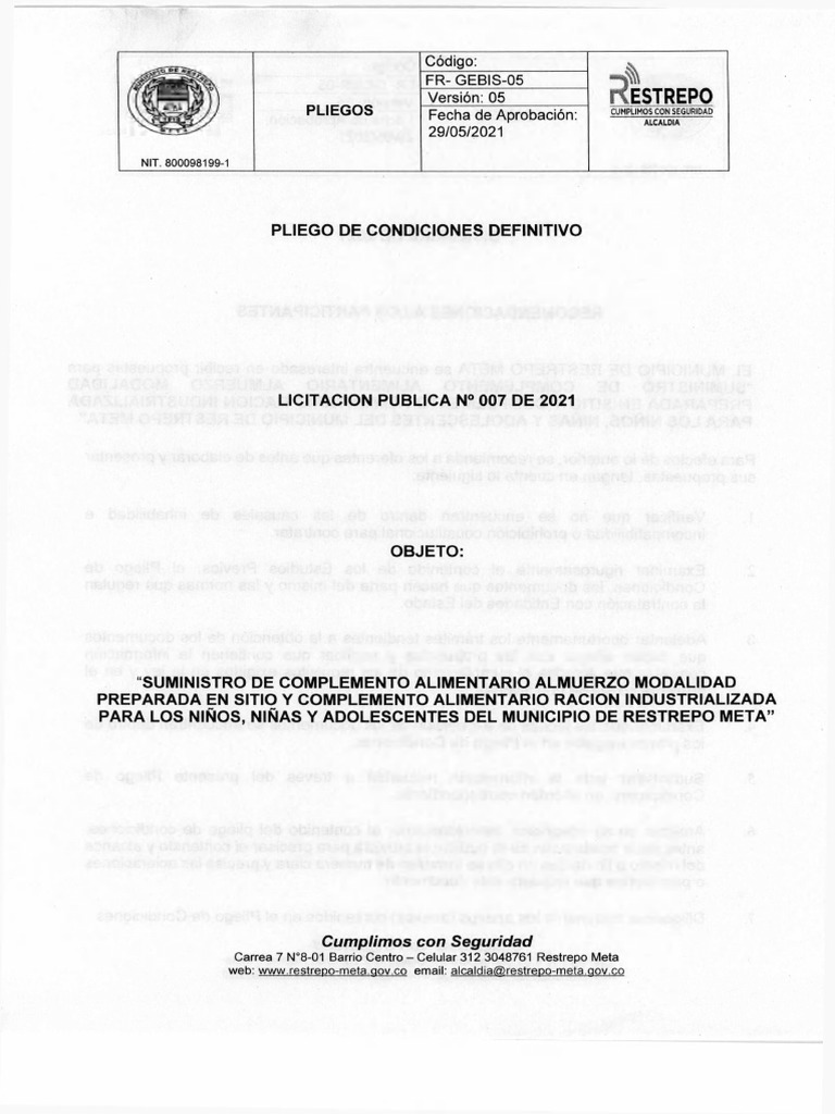 Pliegos de Condiciones Definitivos | PDF | Alimentos | Seguridad alimenticia