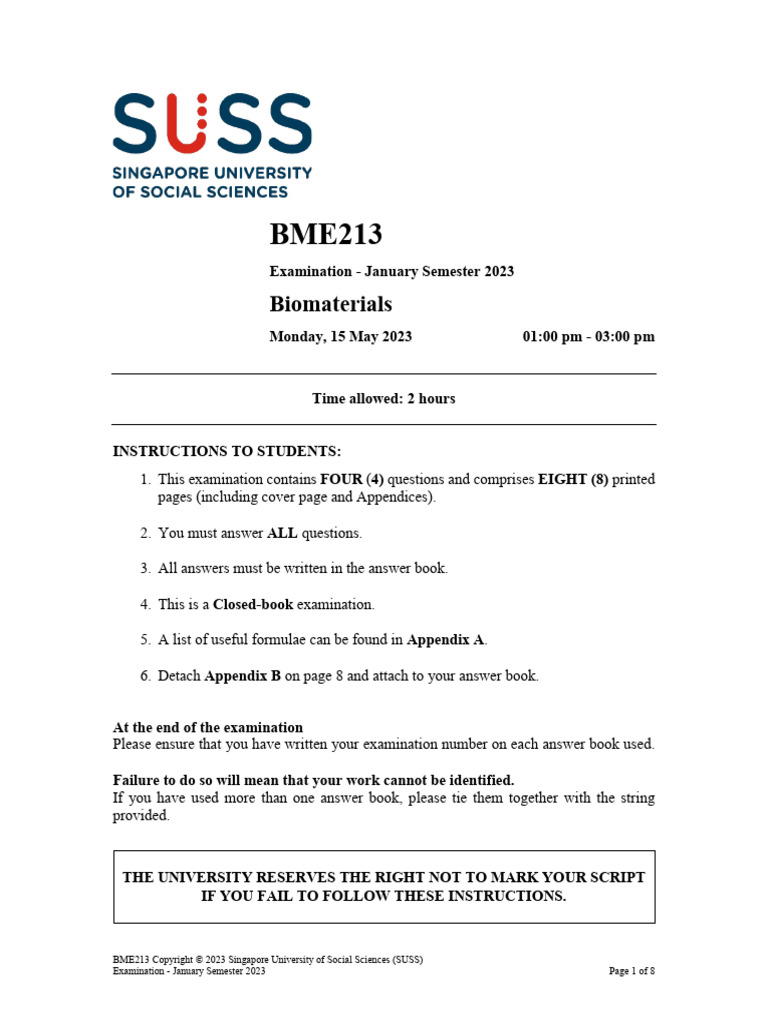 BME213 - JAN - 2023 - Exam Paper - 1701832253487 | PDF | Composite Material | Biomaterial