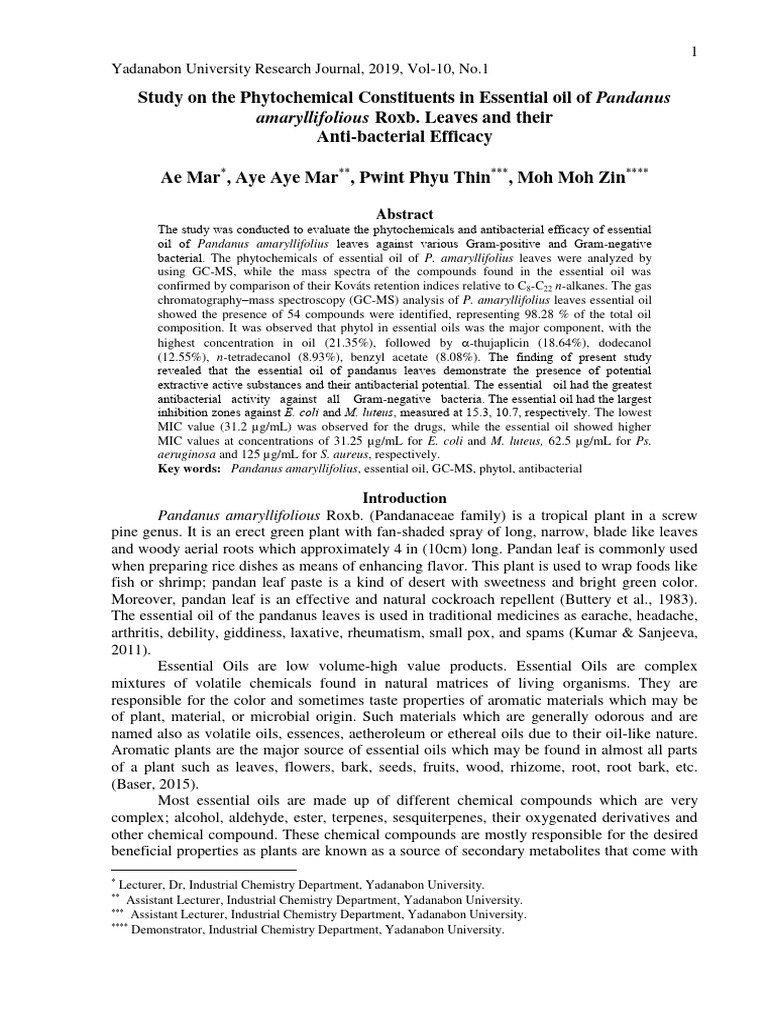 Study On The Phytochemical Constituents in Essential Oil of Pandanus ...