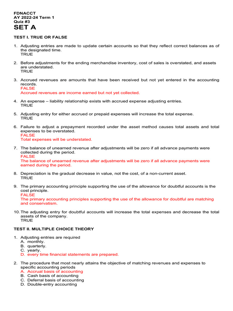 FDNACCT Quiz-3 Set-A Answer-Key | PDF | Debits And Credits | Expense
