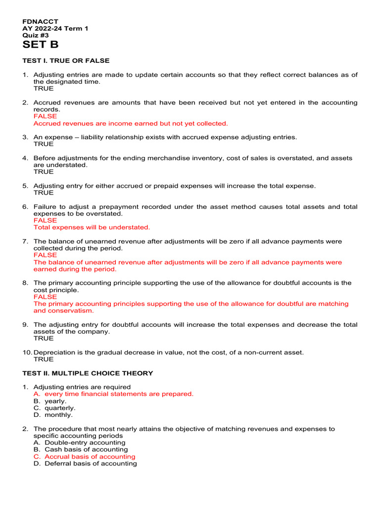 FDNACCT Quiz-3 Set-B Answer-Key | PDF | Debits And Credits | Expense