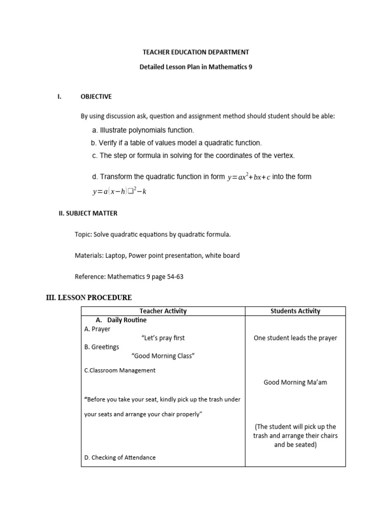 Lesson Plan: Quadratic Functions in Math 9 | PDF | Quadratic Equation ...