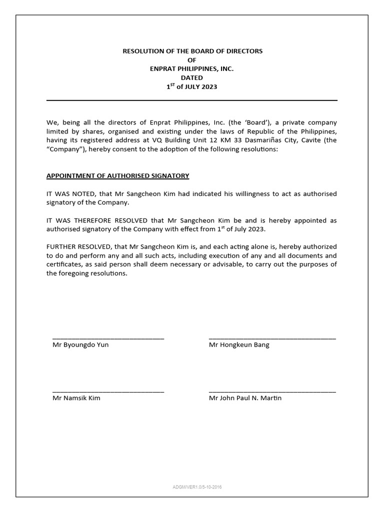 Board Resolution (Authorized Signatory) | PDF