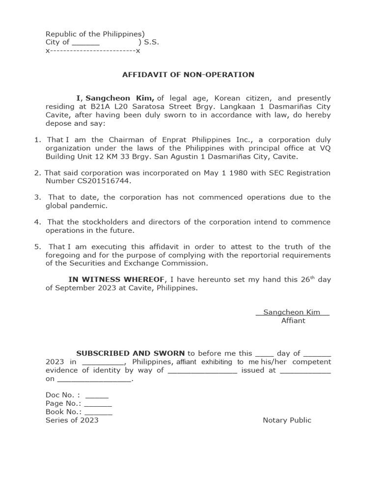 Affidavit of No-Operation | PDF | Affidavit | Civil Law (Common Law)