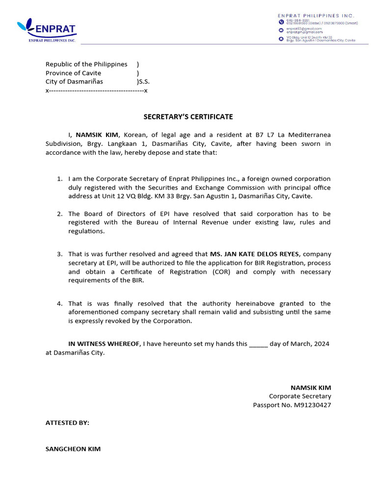 Secretary's Certificate | PDF