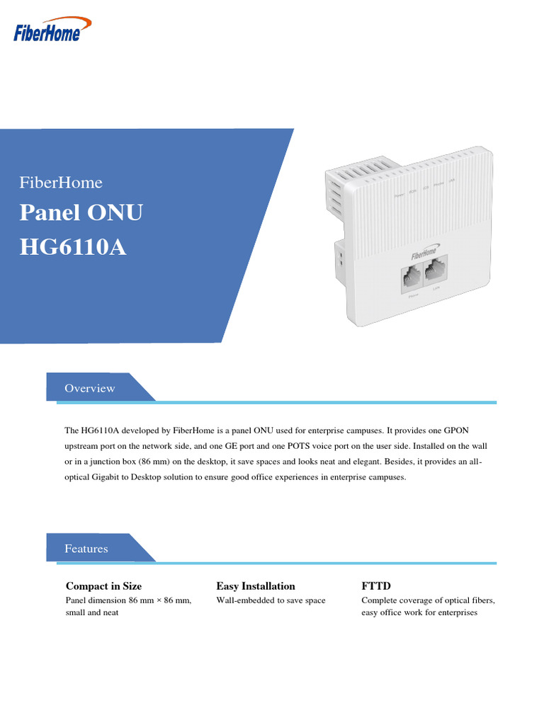 Fiber Home Panel ONU HG6110 A Datasheet | PDF | Telecommunications ...