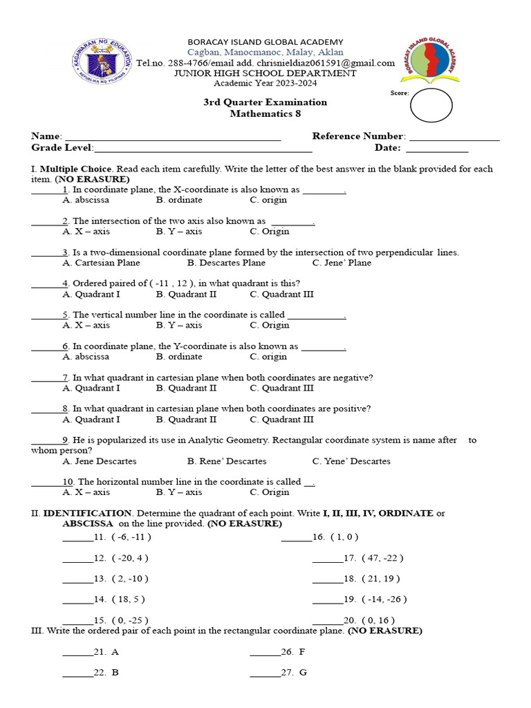 3rd Quarter Examination Grade 8 Math 2023 | PDF | Cartesian Coordinate ...