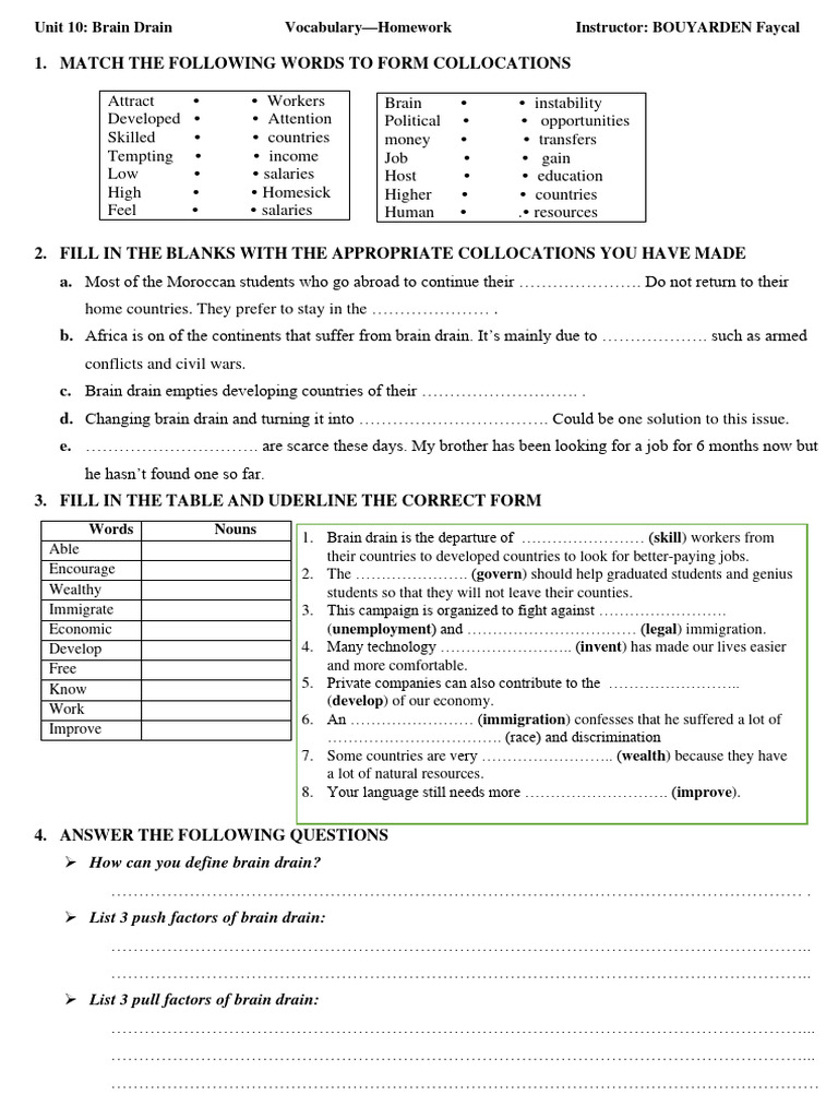 1 Voc Worksheet Brain Drain | PDF | Human Capital Flight | Immigration