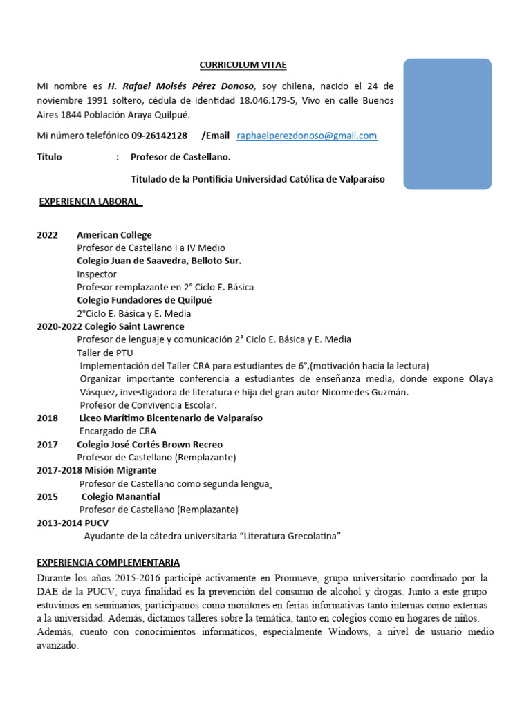 Curriculum Vitae Rafael Pérez | PDF | Aprendizaje | Modificación de comportamiento